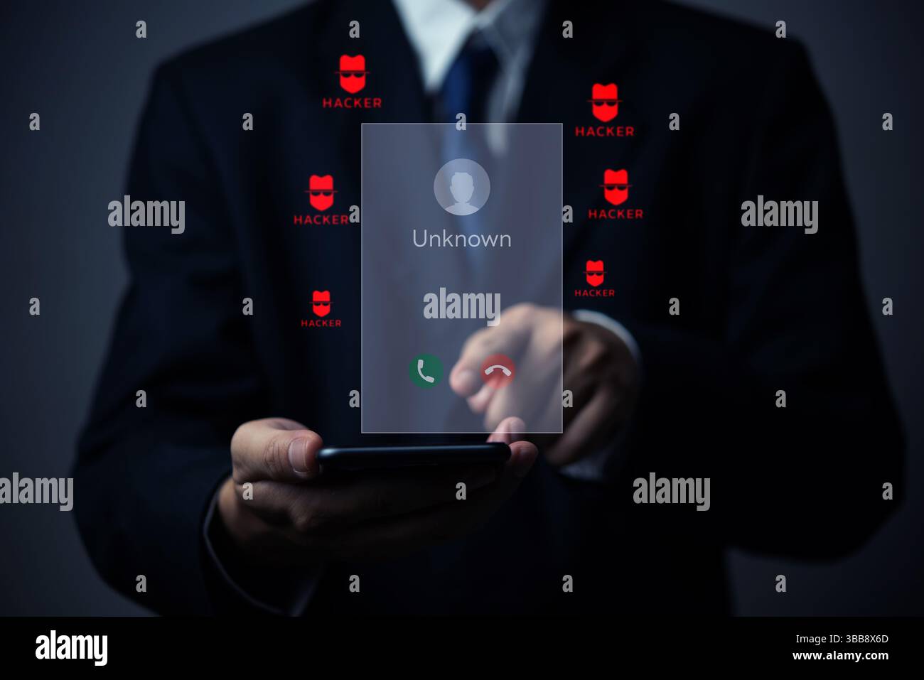 Cybersecurity Threat Concept Businessman Receiving Anonymous Hacker Call Phone Scam Alert