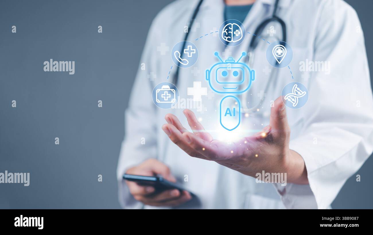 Medical AI assistant, innovative healthcare chatbot in doctor's hand, digital transformation in ...