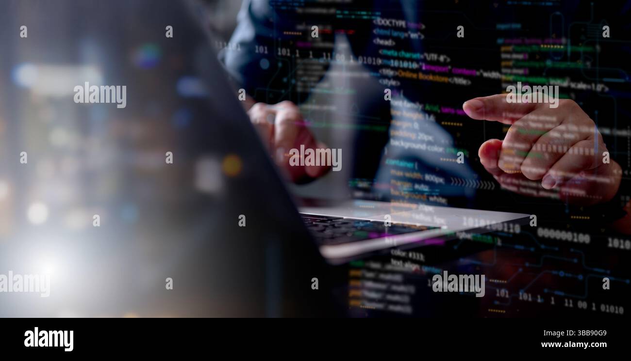 Software IT developer programming code binary data digital technology computer screen coding ...