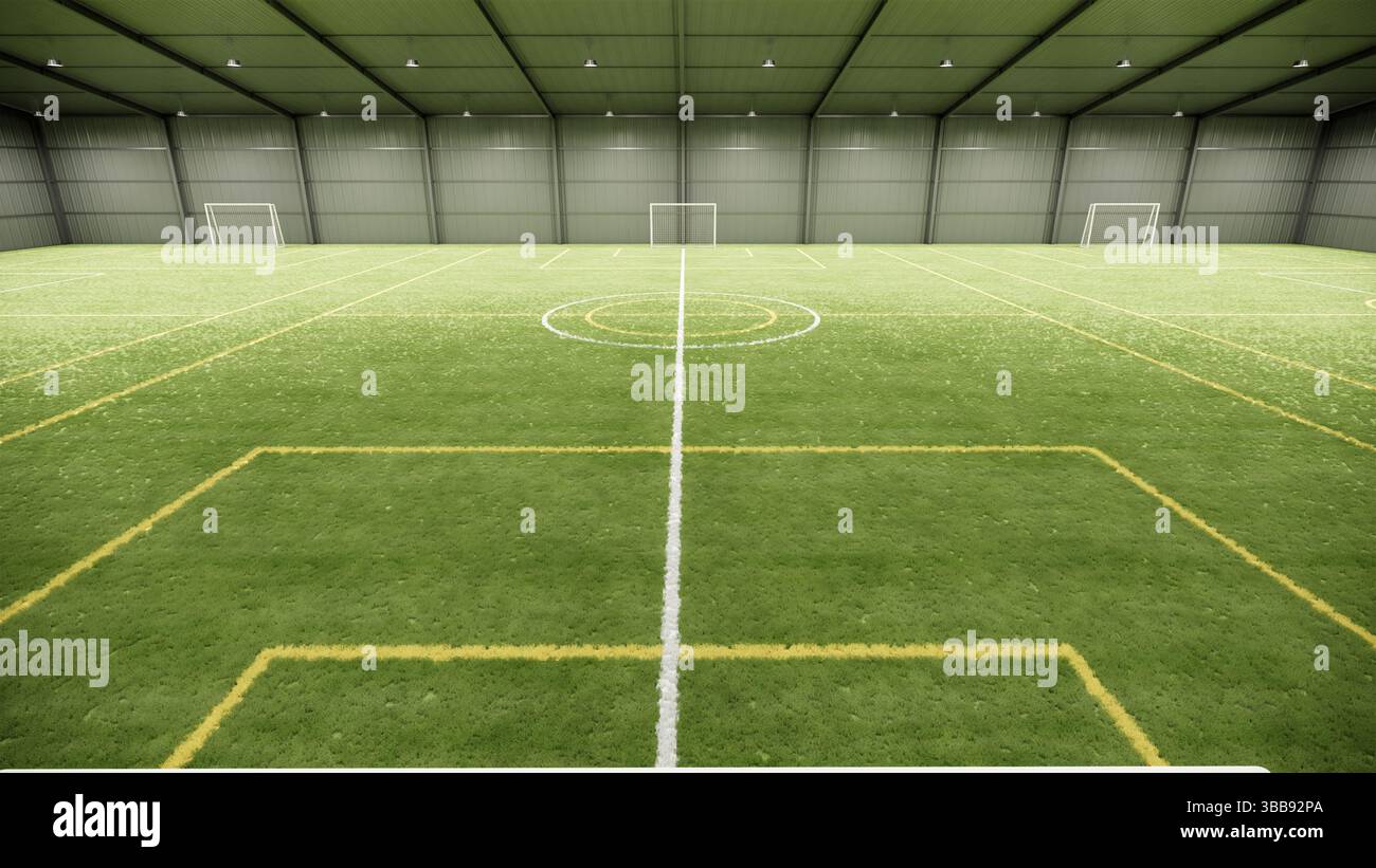 Indoor soccer Football Pitch with Artificial Turf and Metal Roof Stock ...