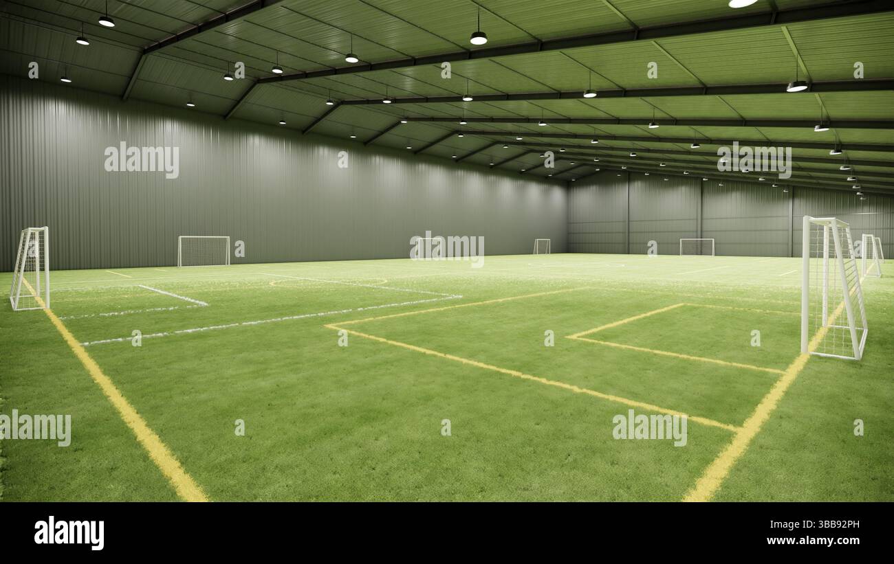 Indoor soccer Football Pitch with Artificial Turf and Metal Roof Stock ...
