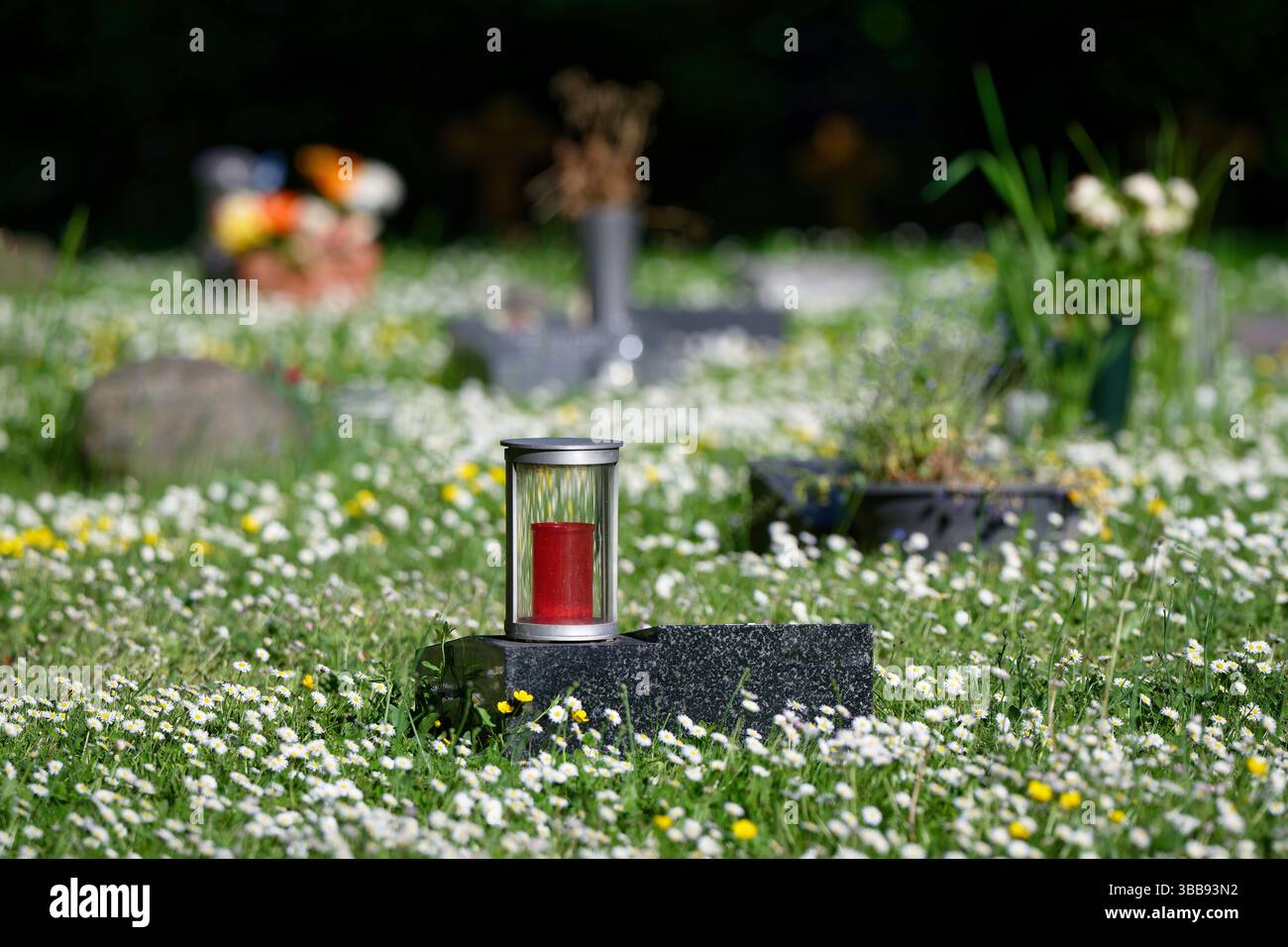a modern round grave lantern with a red candle on the marble headstone of an urn grave on a ...