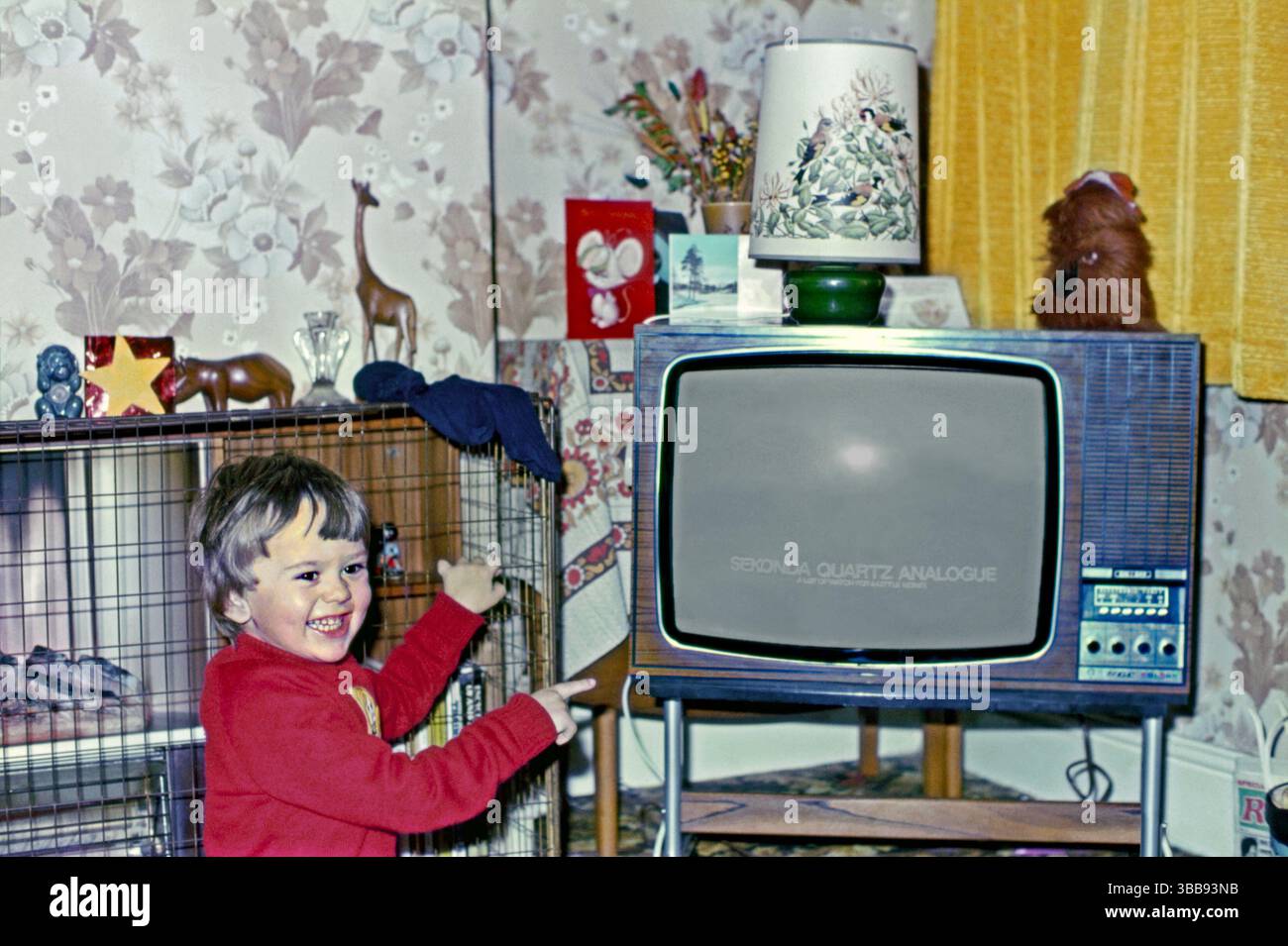 A happy child is intrigued by the TV in the corner of a British front ...