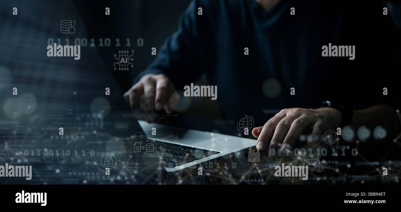 Concept of cyber security with person working on laptop, AI artificial ...