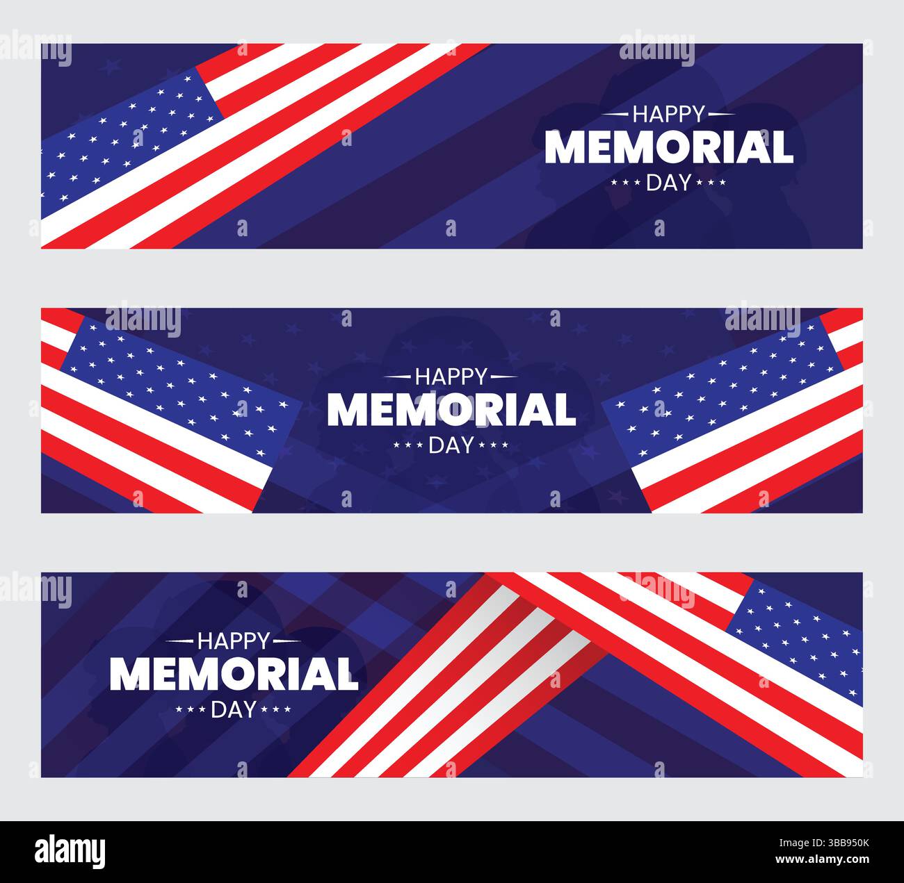 Happy Memorial Day Banner Set, American Flags and Soldier Silhouettes ...