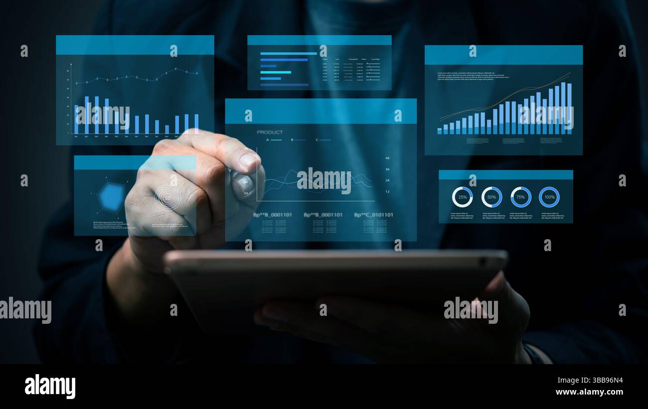 Futuristic virtual dashboard tracking economic trends and financial growth. Business graph and ...