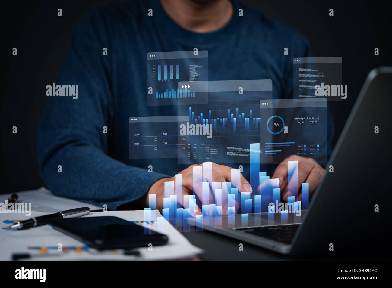 Business analyst using laptop with digital data charts, financial performance tracking, business ...