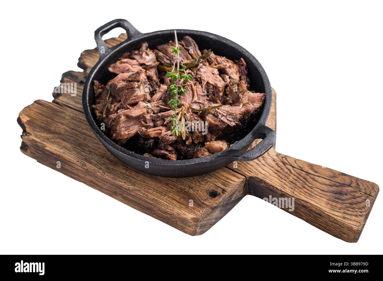 Slow cooked Shredded beef ragu in a skillet isolated on a white ...