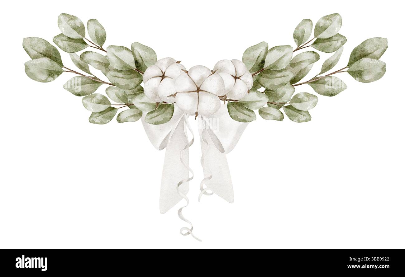 Watercolor botanical composition with white Cotton flowers and green ...