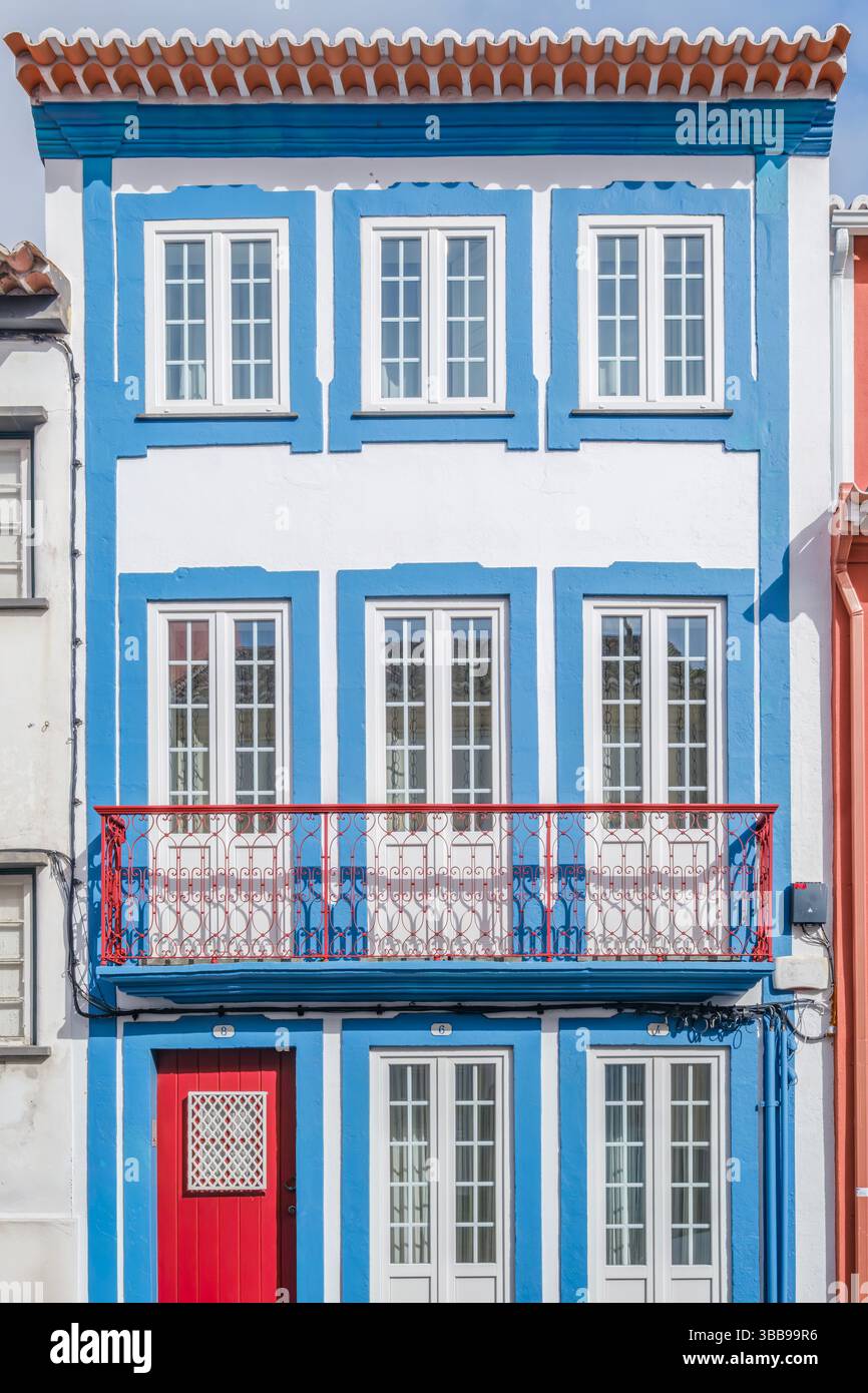 Colorful Building Facade with Red Door and Balcony, Angra do Heroismo ...
