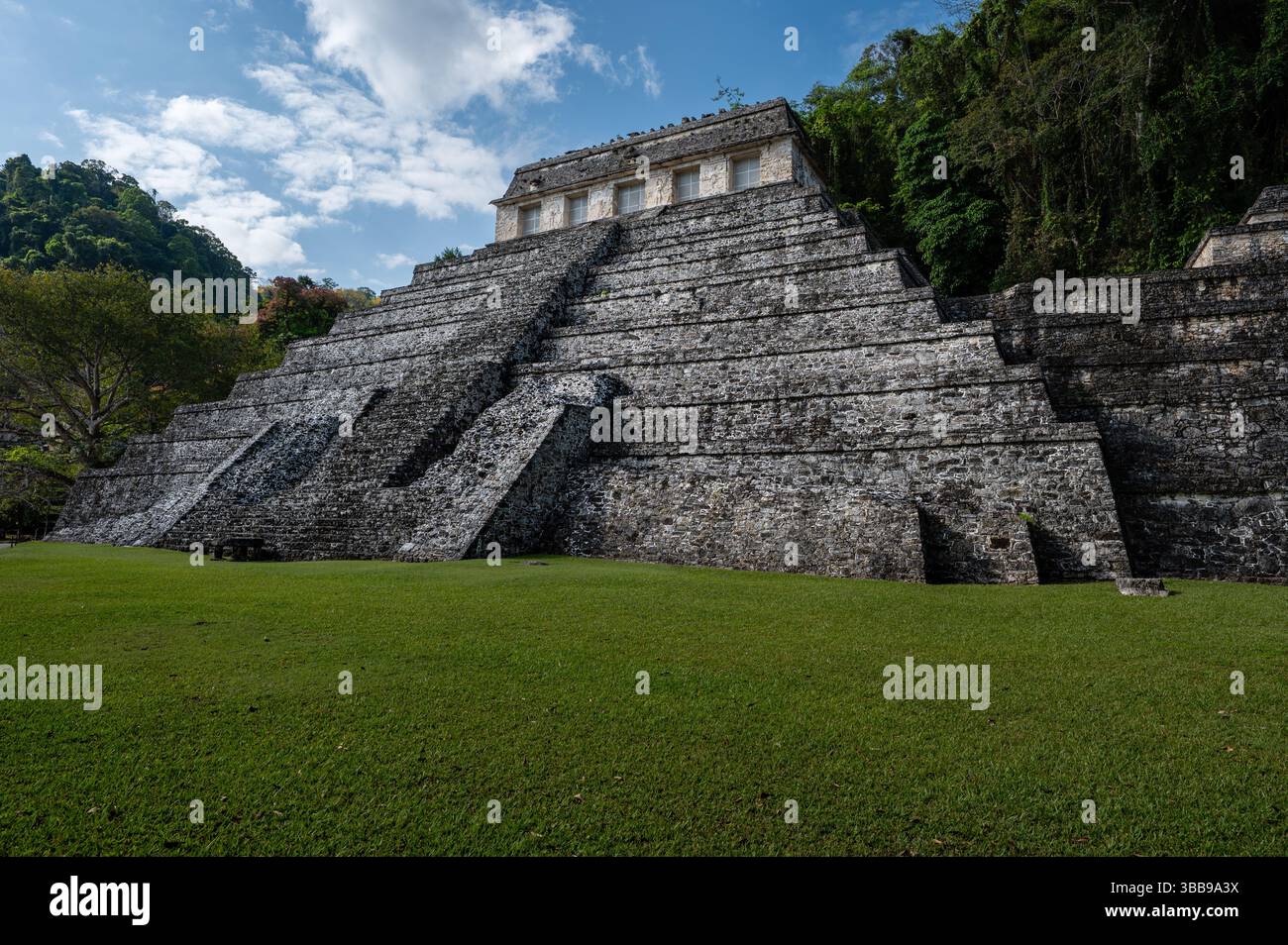 Low angle view of the Mayan temple of the inscriptions at Palenque ...