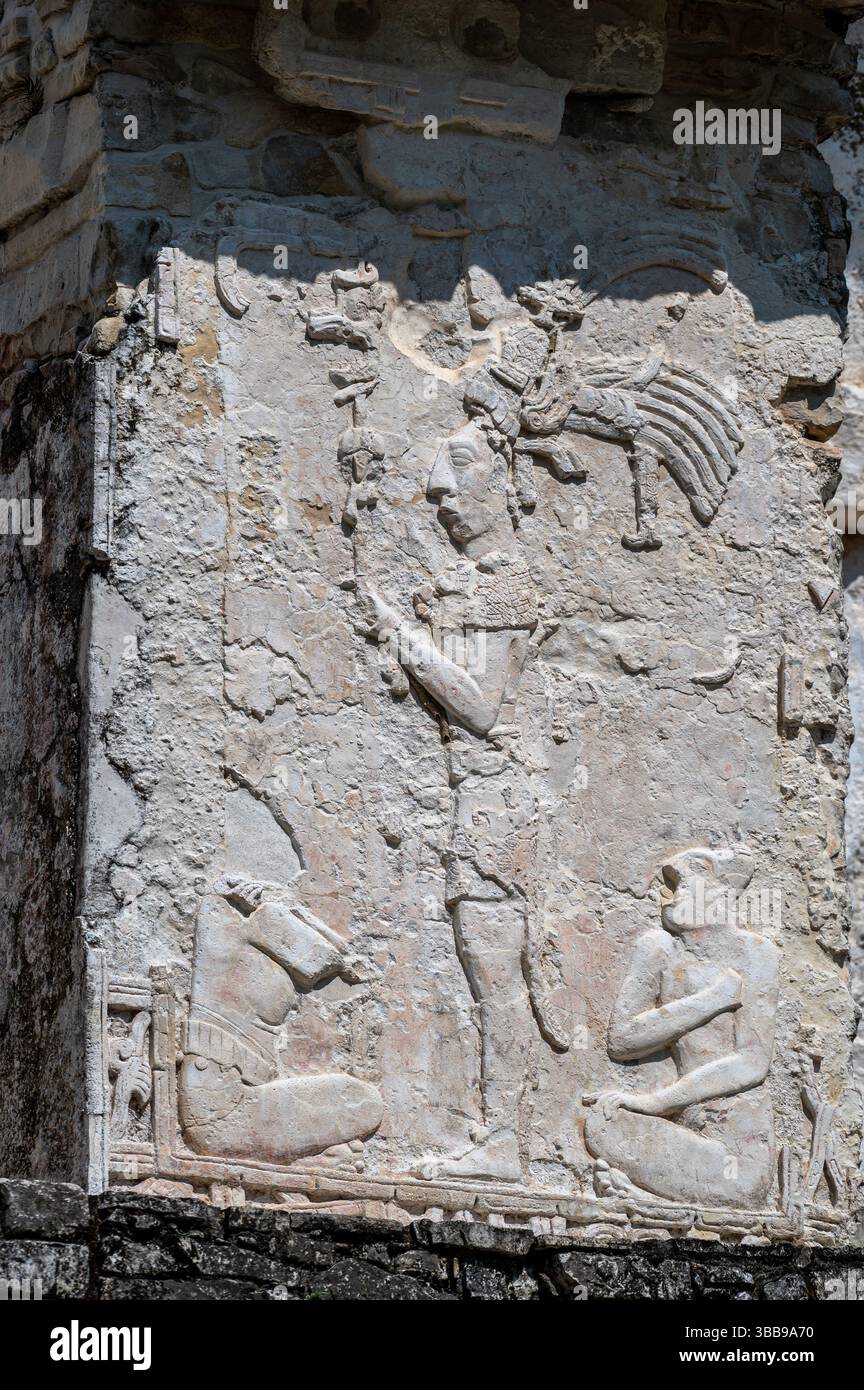 Close up view of sculpted Mayan frieze depicting a Mayan king or ...