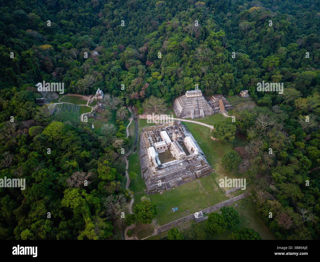 Aerial overview of the main buildings at the Mayan site of Palenque ...