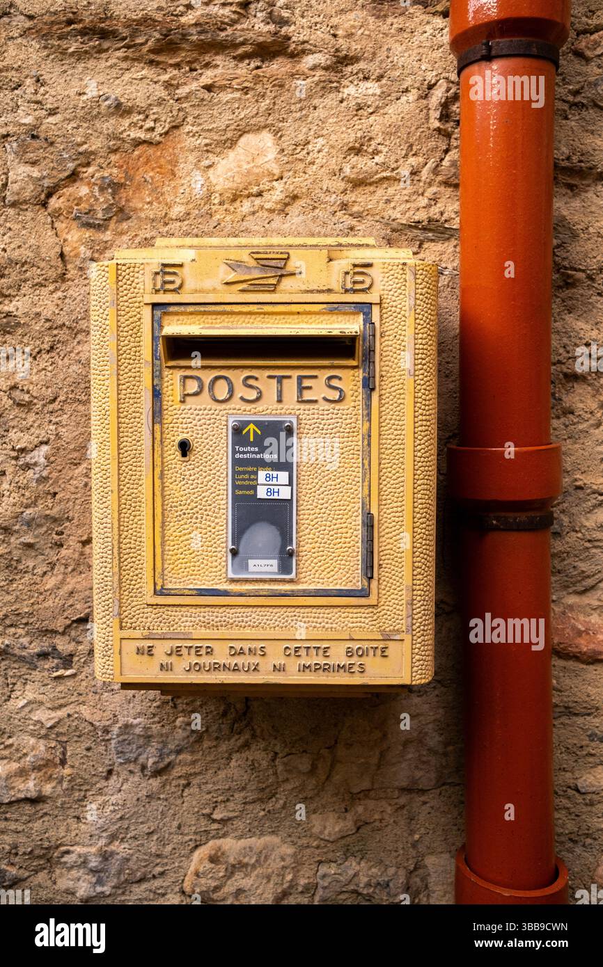La Poste Post Office letterbox in the medieval village of Castelnou in ...