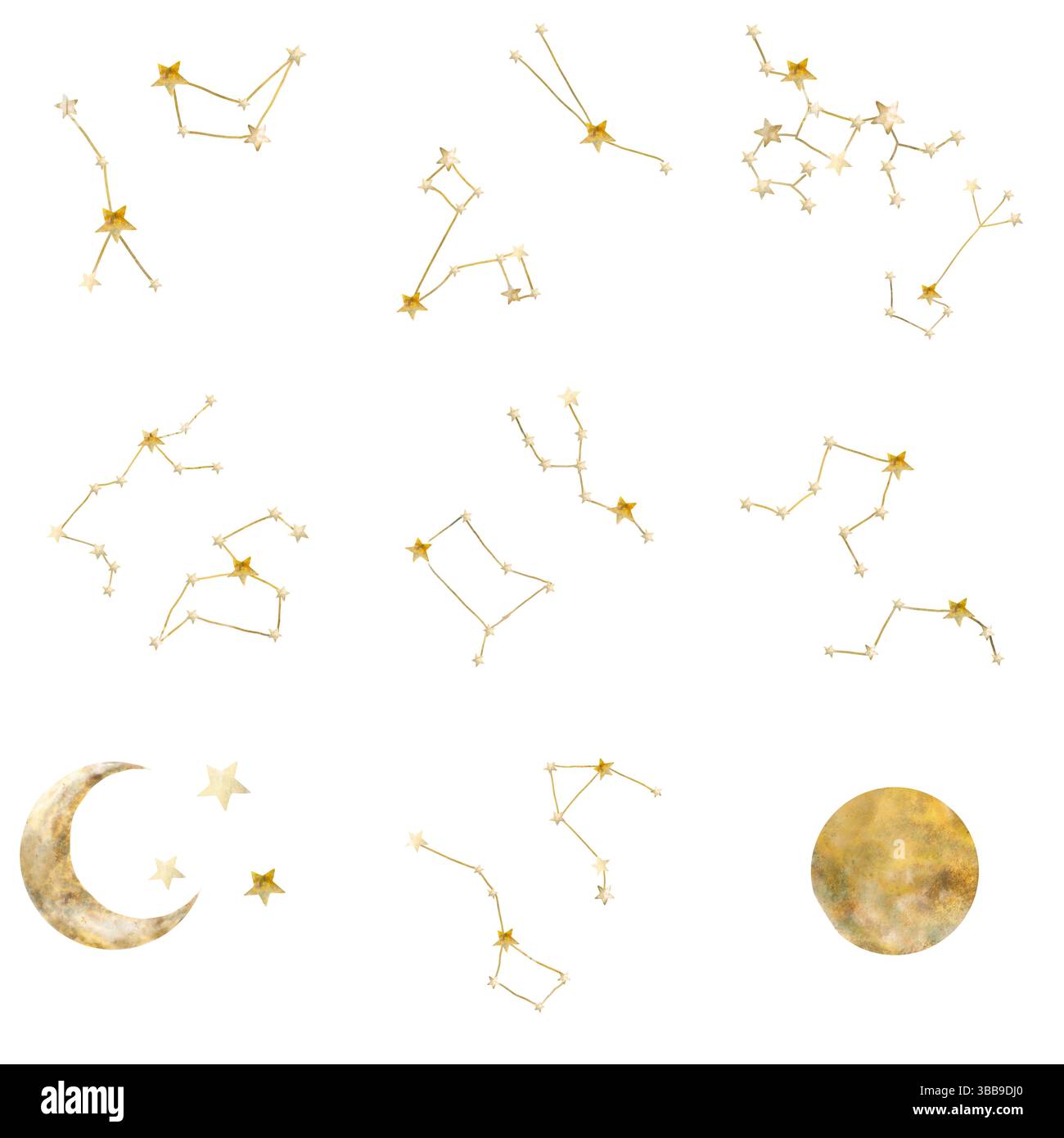 Celestial bodies and constellations of stars. Watercolor illustration ...