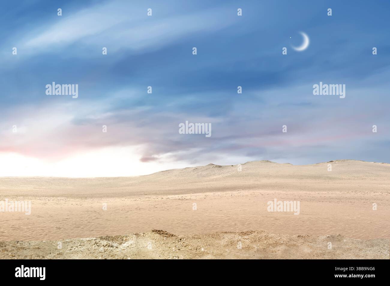 View of the desert with a crescent moon on the night sky. Nature ...