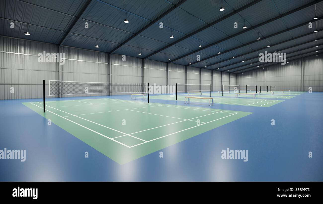 Empty Badminton Courts in a Spacious Indoor Hall with green and blue ...