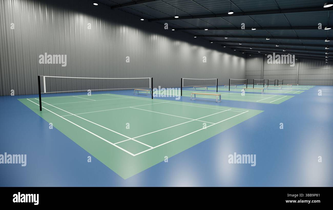 Empty Badminton Courts in a Spacious Indoor Hall with green and blue ...