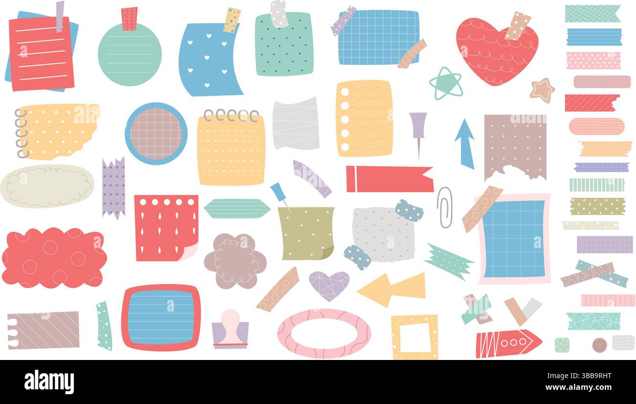 Cute colorful sticky notes, papers, leaflets, bookmarks, sticky tape ...