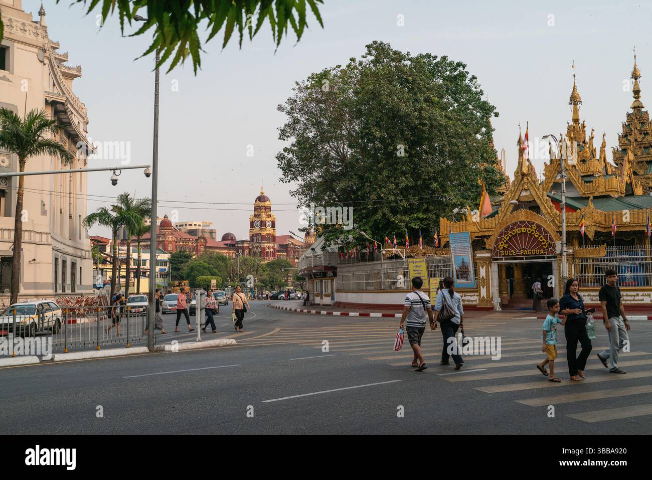 Yangon, Myanmar - 6 April, 2025: A view of the iconic Sule Pagoda, a historic Buddhist stupa ...
