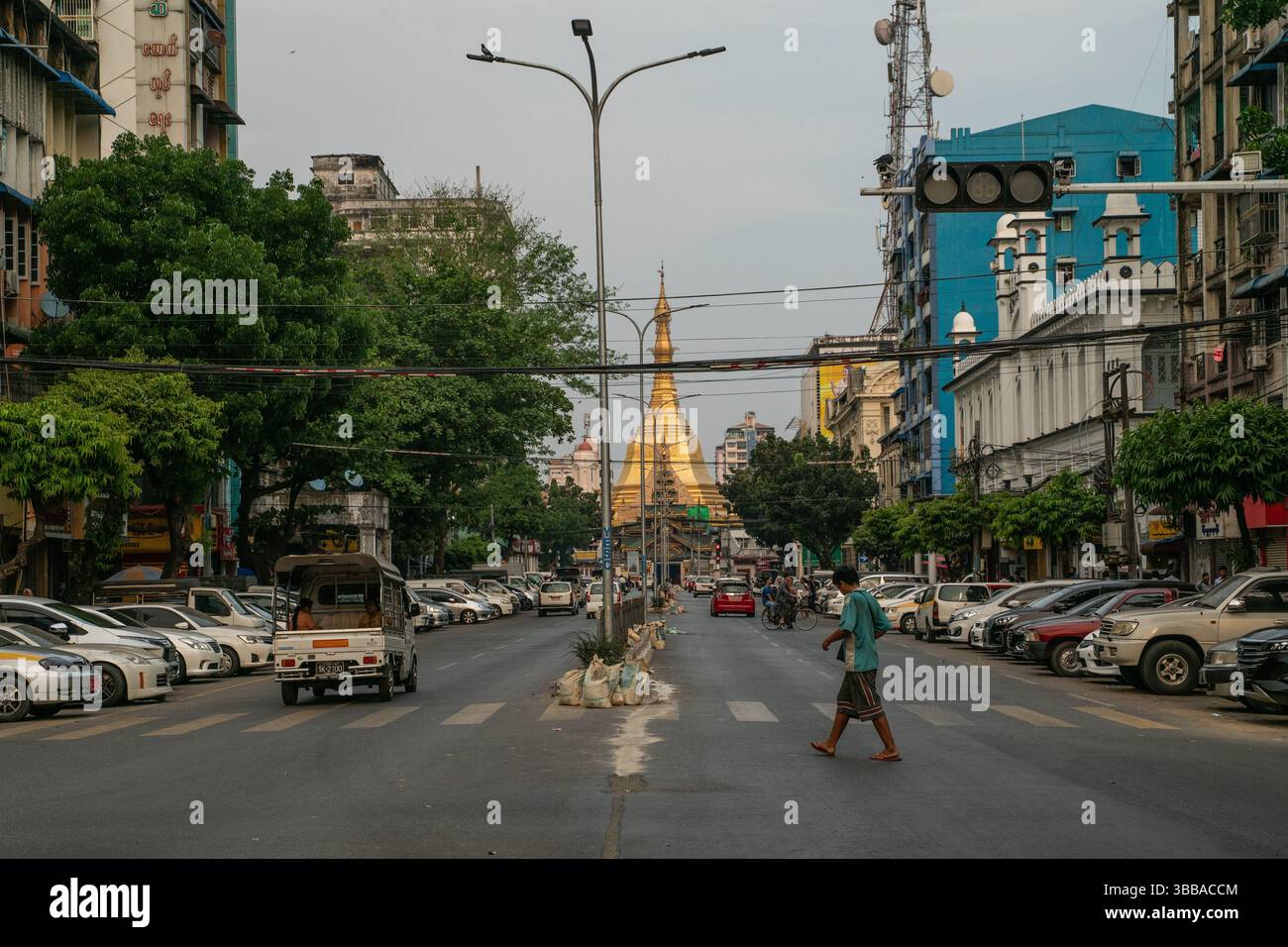 Yangon, Myanmar - 6 April, 2025: A view of the iconic Sule Pagoda, a historic Buddhist stupa ...
