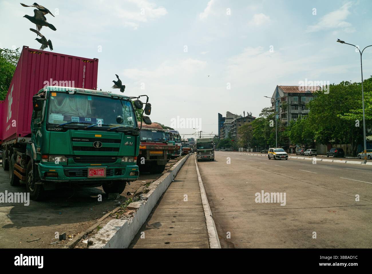 Yangon, Myanmar - 6 April, 2025: Heavy trucks standing as part of the ...