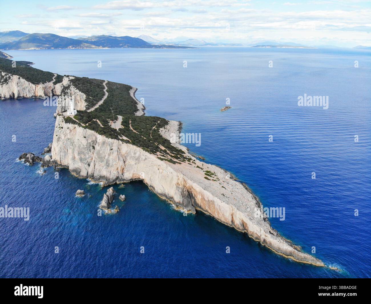 Aerial view of Cape Lefkatas cliffs and turquoise Ionian Sea, Lefkada ...