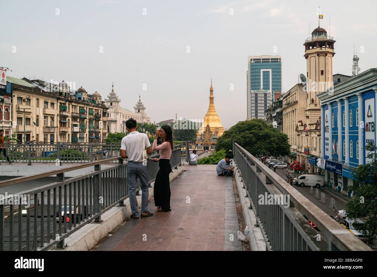 Yangon, Myanmar - 6 April, 2025: A view of the iconic Sule Pagoda, a historic Buddhist stupa ...