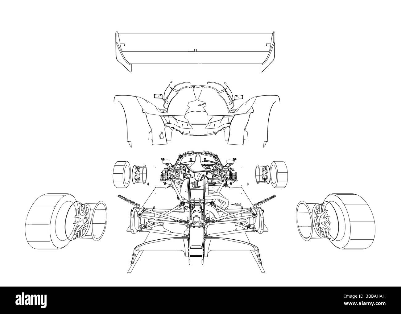 A drawing of a car engine with the parts labeled. The drawing is in ...