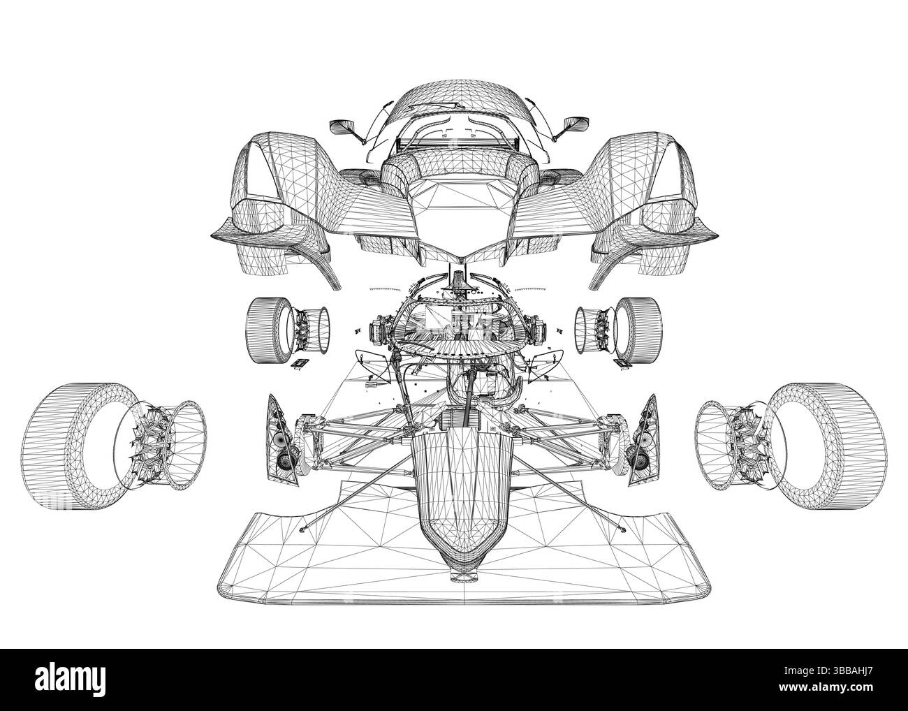 A drawing of a vehicle with a lot of parts. The drawing is in black and ...