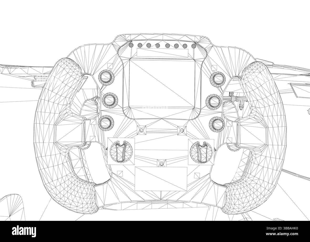 A drawing of a car steering wheel with a black and white color scheme ...