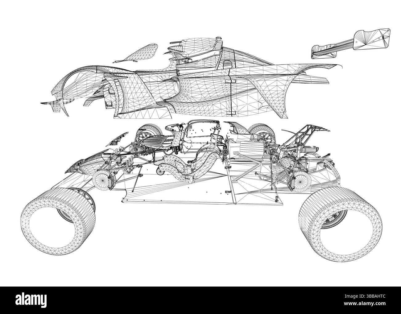 A drawing of a vehicle with a many details. The drawing is in black and ...