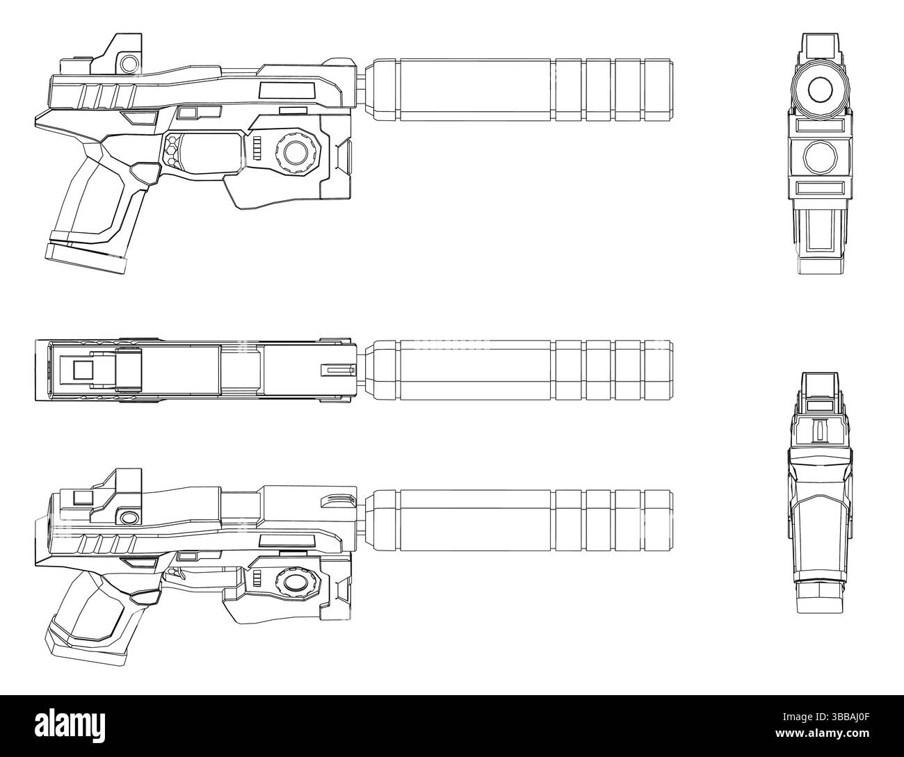 A gun is shown in three different angles. The gun is a pistol with a ...