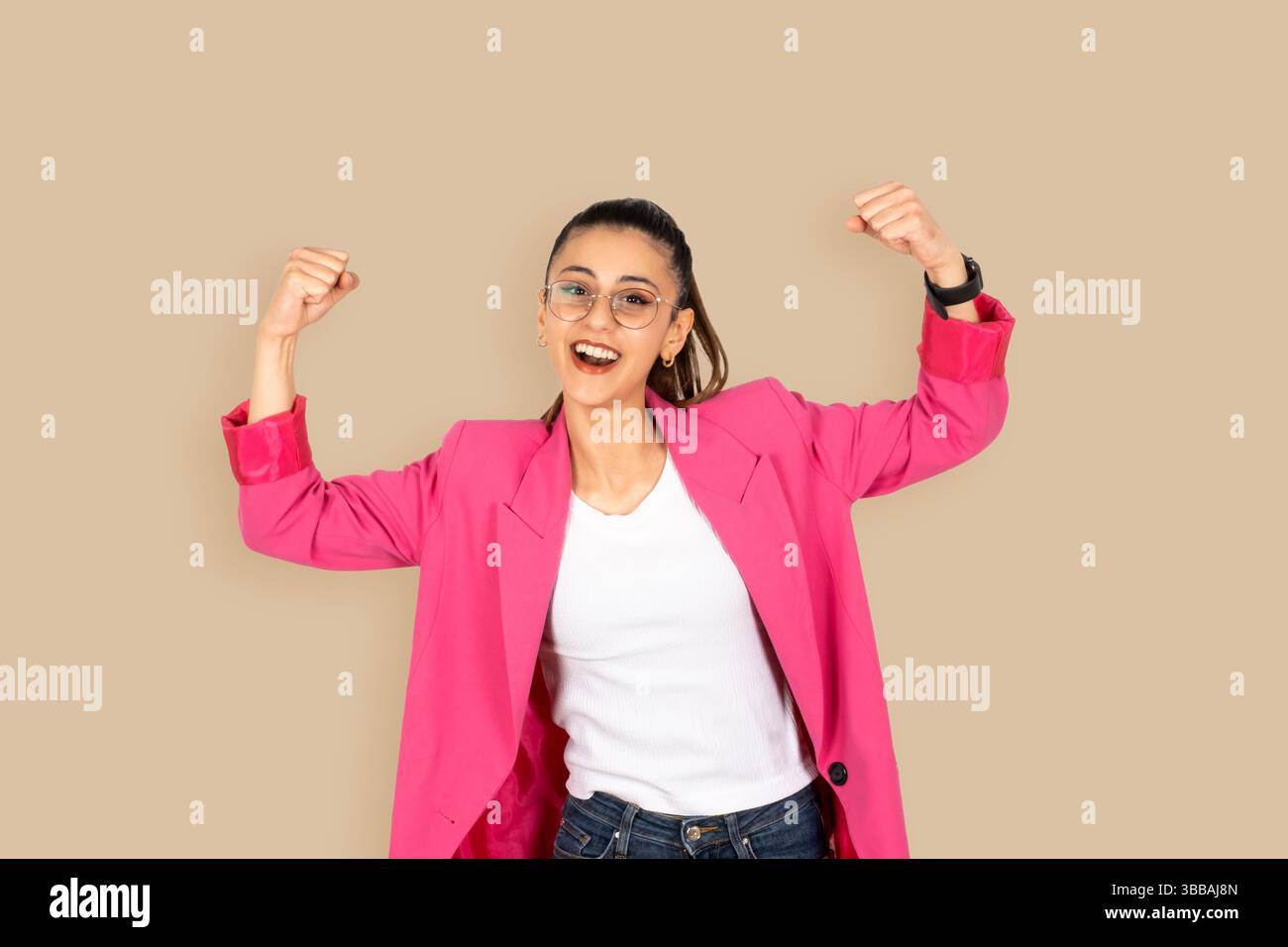 brunette successful employee business woman showing biceps muscles ...