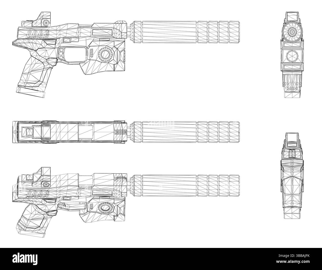 A gun is shown in different views. The gun is a handgun with a silencer ...