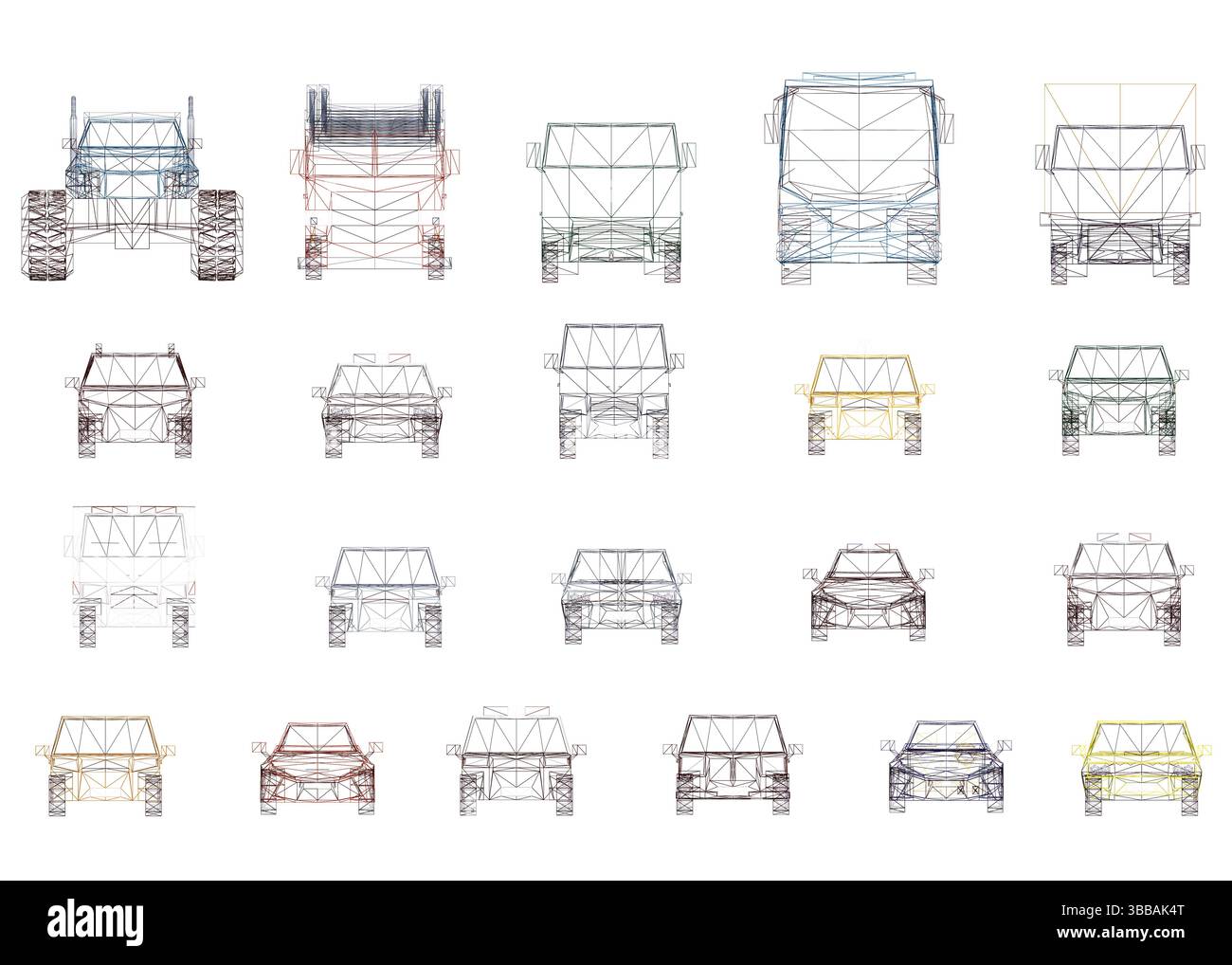 A series of car drawings with different colors and shapes. The drawings ...