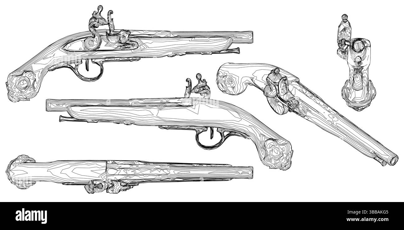 Four old looking guns are shown in a line. The guns are black and have ...
