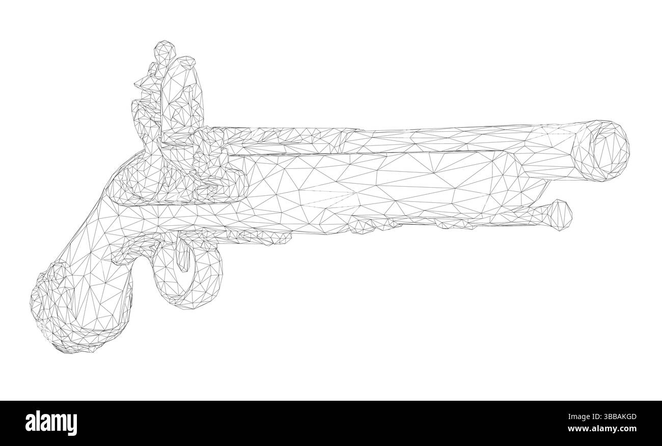 A gun is shown in a black and white wireframe. The gun is a pistol and ...