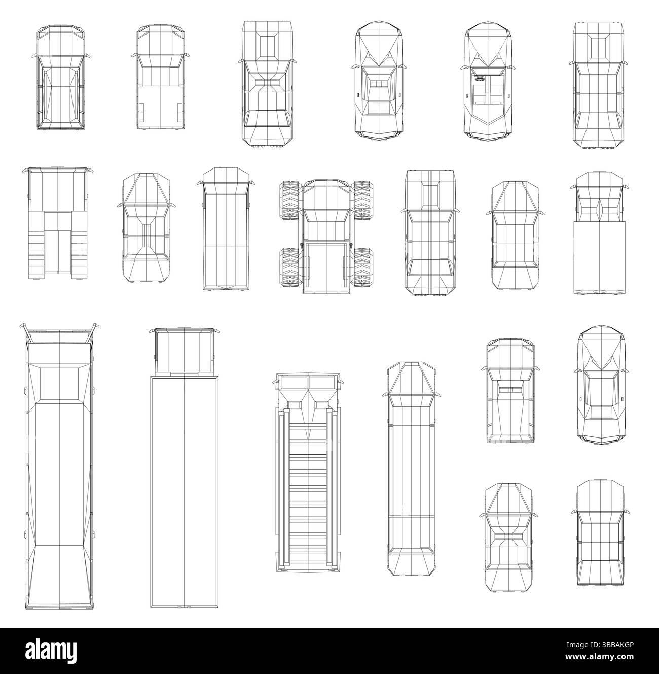 A collection of car drawings in various sizes and styles. The drawings ...