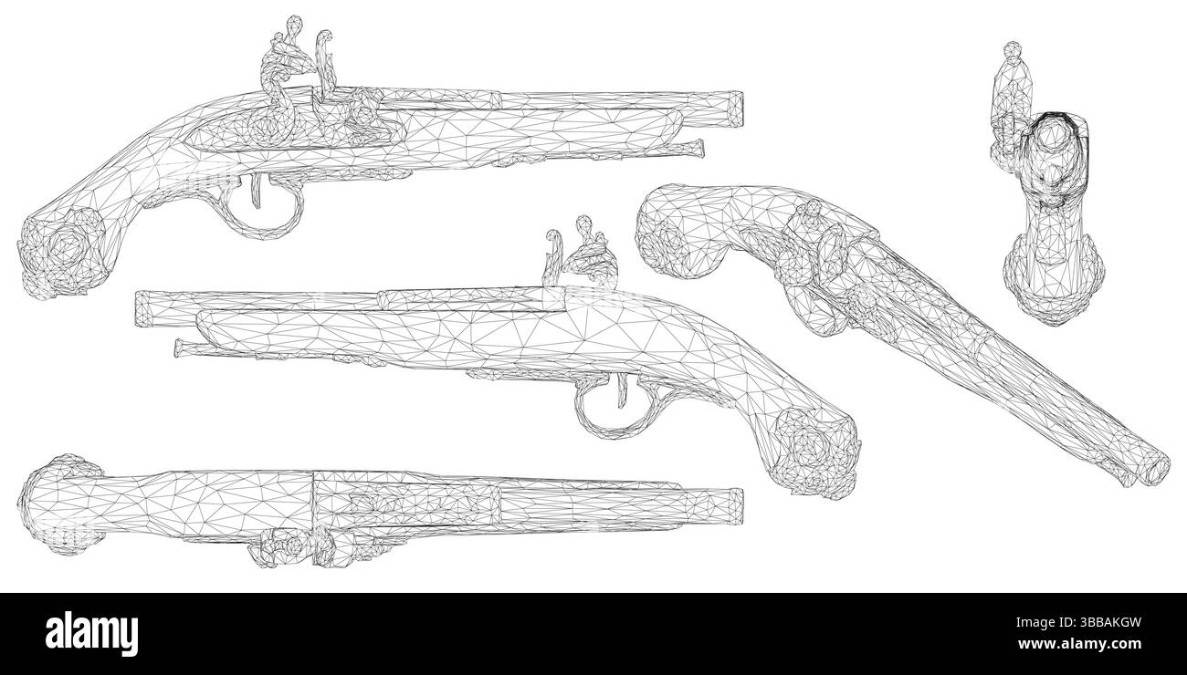 Vintage guns are shown in a black and white illustration. The guns are ...