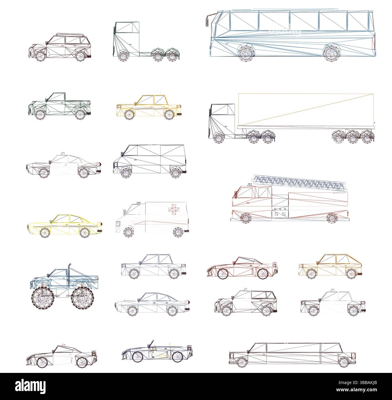 A collection of different types of vehicles, including cars, trucks, and buses. The vehicles are ...