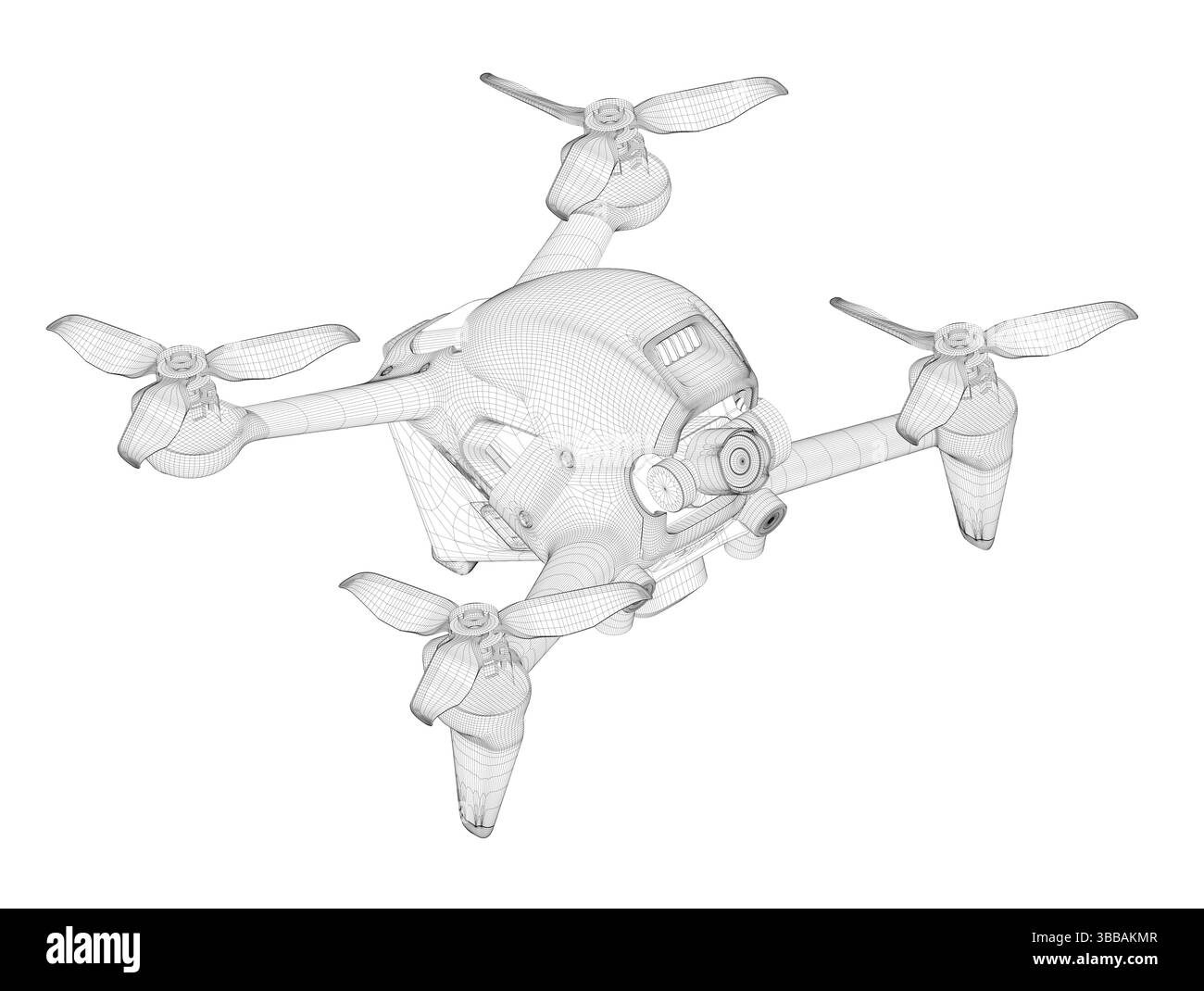 A black and white drawing of a quadcopter with four propellers. The ...