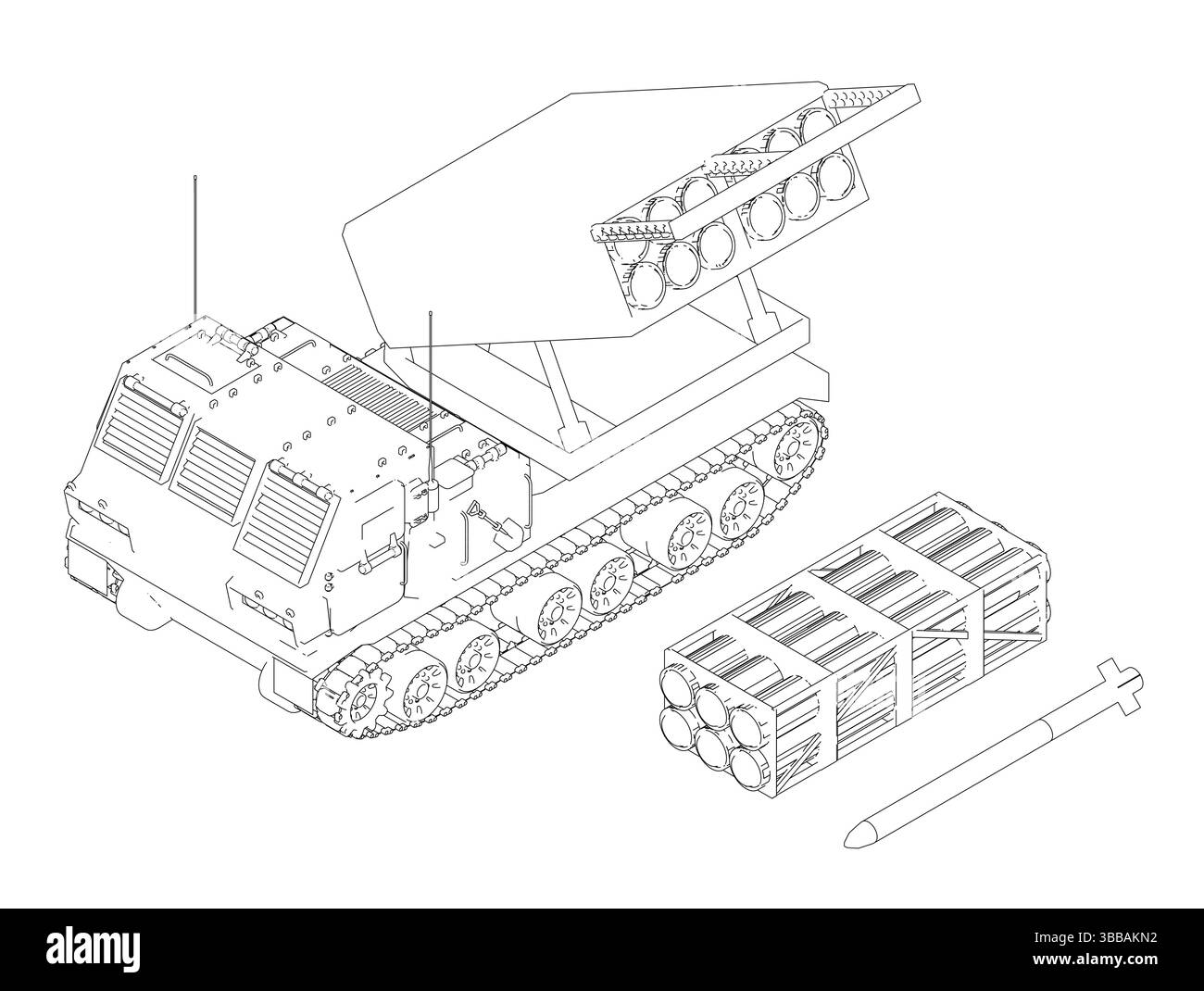 A black and white drawing of a tank with a rocket launcher on top. The ...