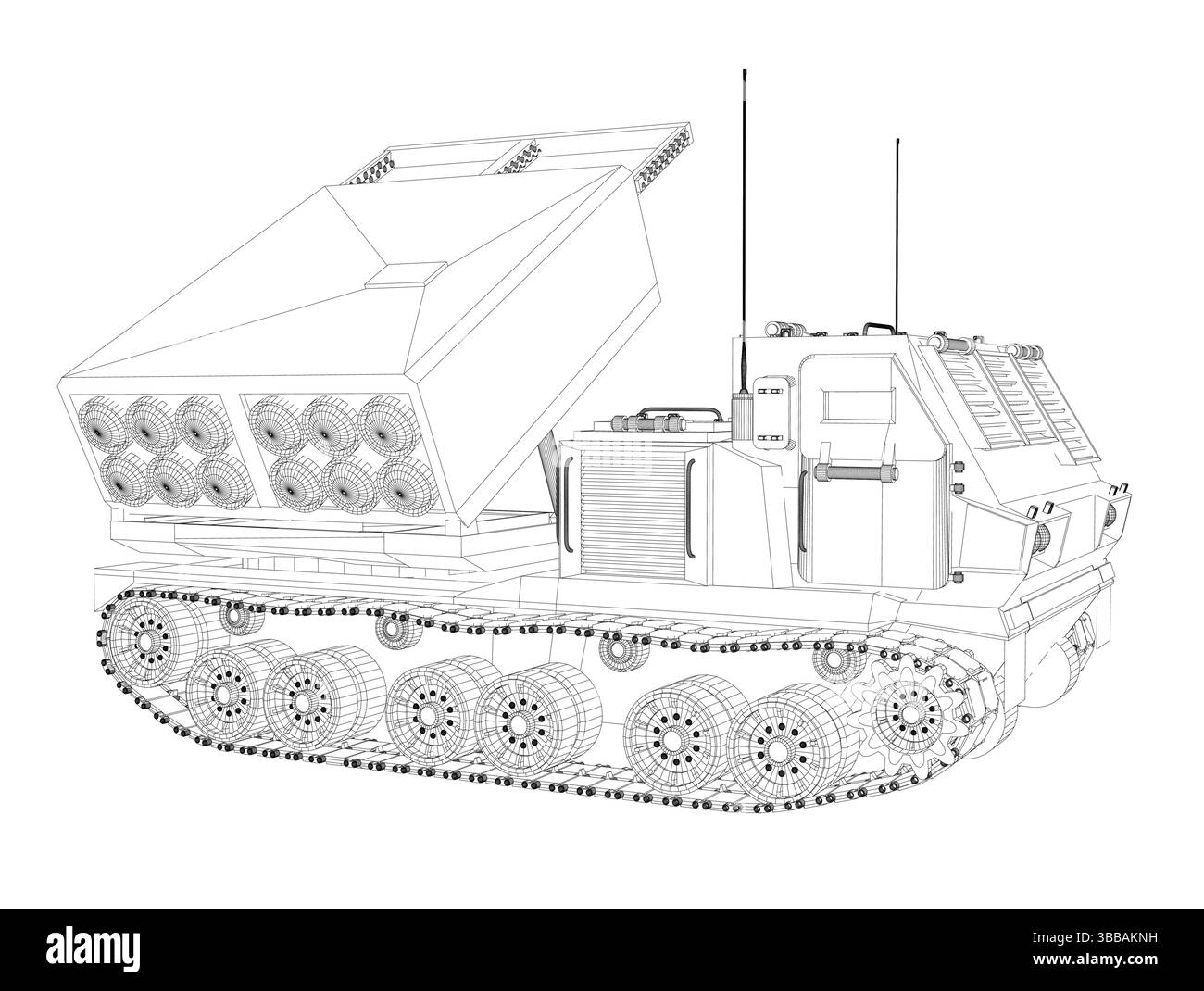 A black and white drawing of a military vehicle with a large rocket ...