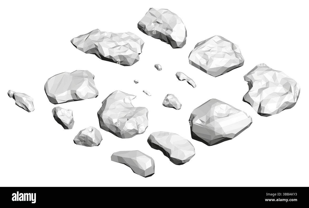 A collection of rocks are scattered across a white background. The ...