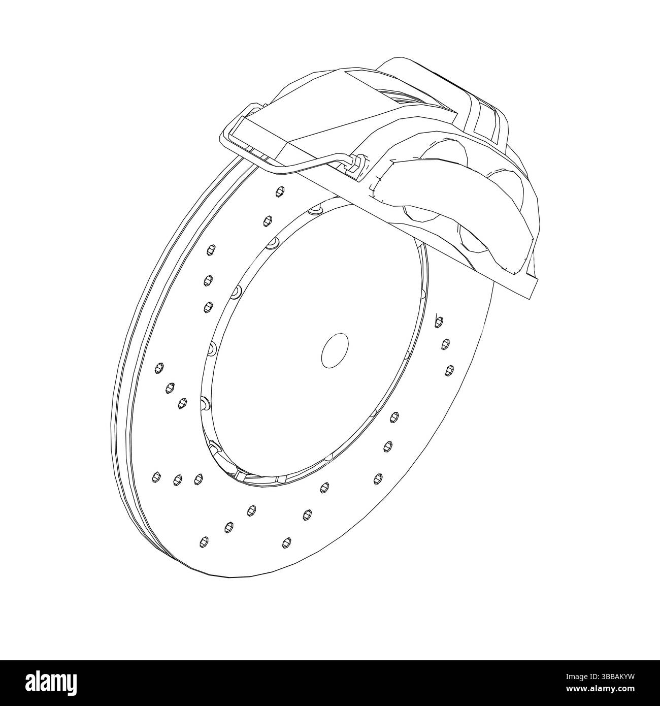 A drawing of a car with a brake disc. The drawing is in black and white ...