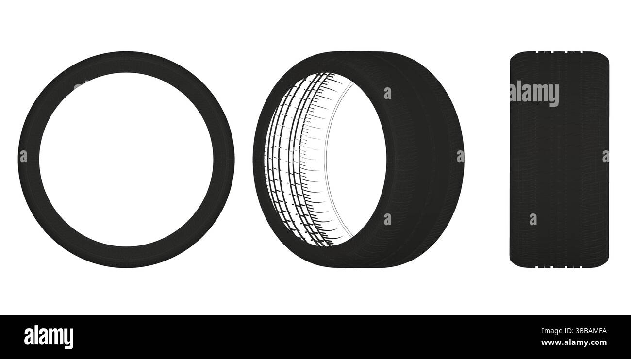 A tire is shown in three different views. The tire is black and has a ...