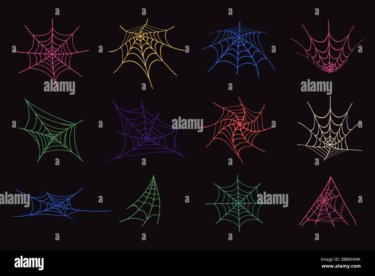 Halloween Set of Colorful Spider Webs in Outline Hand Drawn Style ...