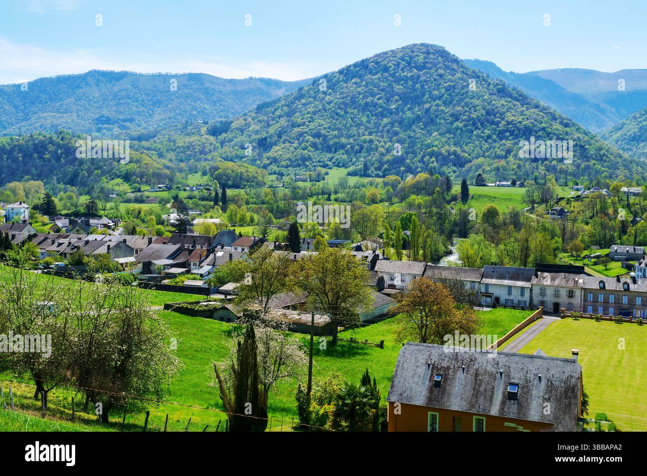 a view of village of Saint Pe de Bigorre in the french Pyrenes ...
