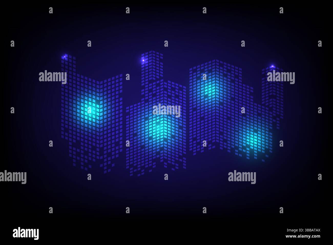 A high tech city skyline illustration composed of small glowing squares ...